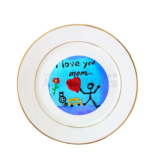 Sublimation White Round Ceramic Plate with Gold Edging, 20.3 cm